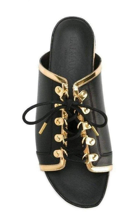 Balmain Black Gold Lace up Sliders Men Leather Sandals - Runway Catalog